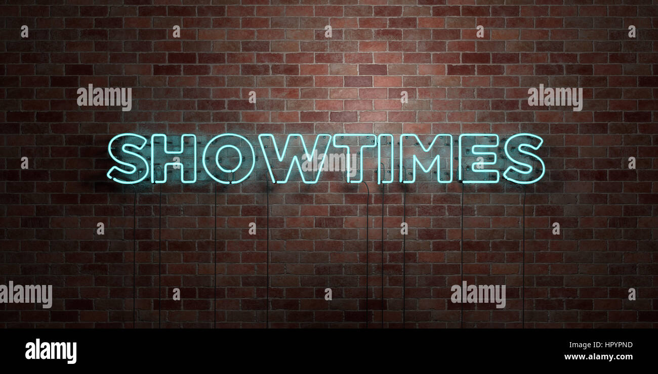 SHOWTIMES - fluorescent Neon tube Sign on brickwork - Front view - 3D ...