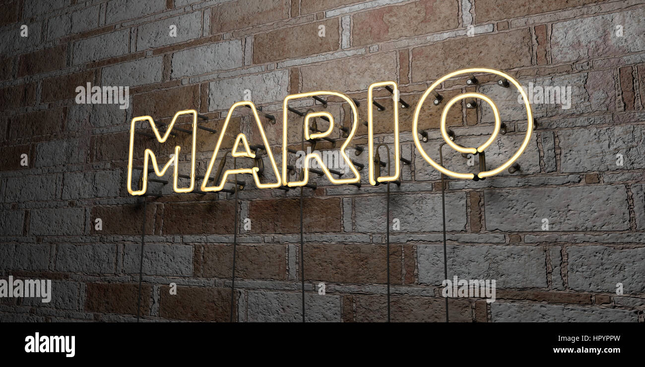MARIO - Glowing Neon Sign on stonework wall - 3D rendered royalty free ...