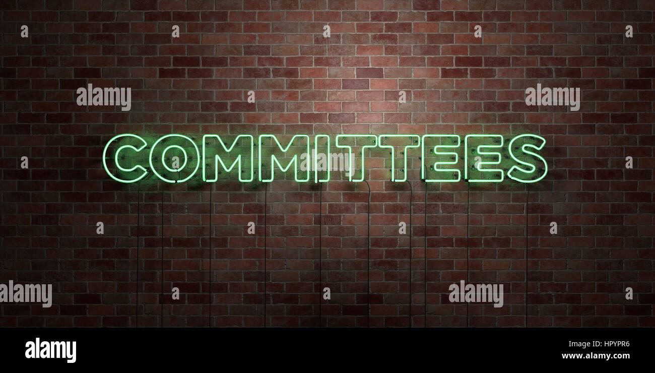 COMMITTEES - fluorescent Neon tube Sign on brickwork - Front view - 3D ...