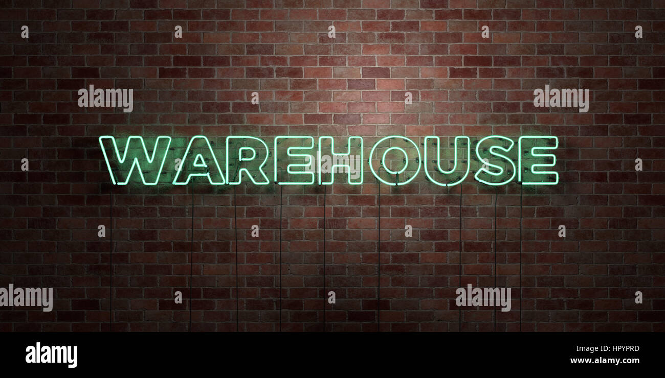 WAREHOUSE - fluorescent Neon tube Sign on brickwork - Front view - 3D ...