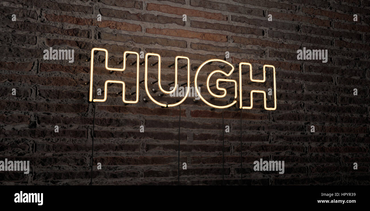 HUGH -Realistic Neon Sign on Brick Wall background - 3D rendered ...