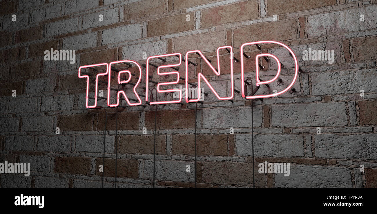 TREND - Glowing Neon Sign on stonework wall - 3D rendered royalty free ...