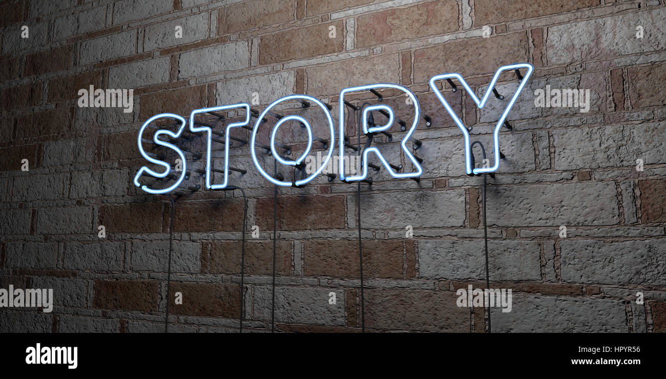 STORY - Glowing Neon Sign on stonework wall - 3D rendered royalty free ...