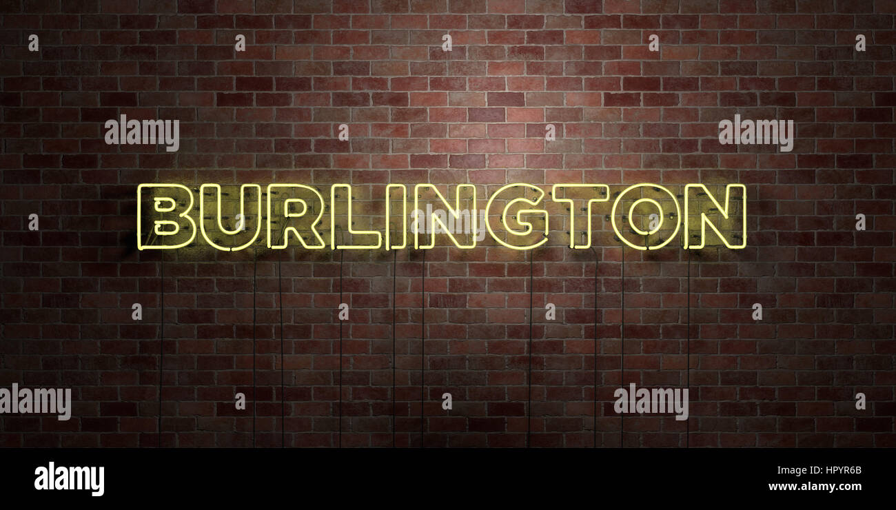 BURLINGTON - fluorescent Neon tube Sign on brickwork - Front view - 3D ...