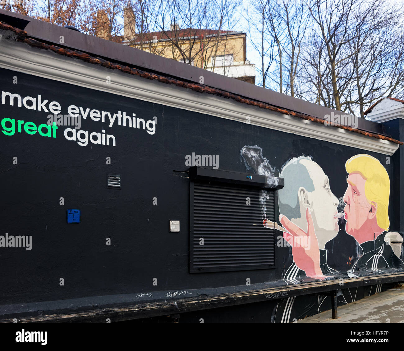 Vilnius, Lithuania - February 25, 2017: Donald Trump kissing Vladimir ...