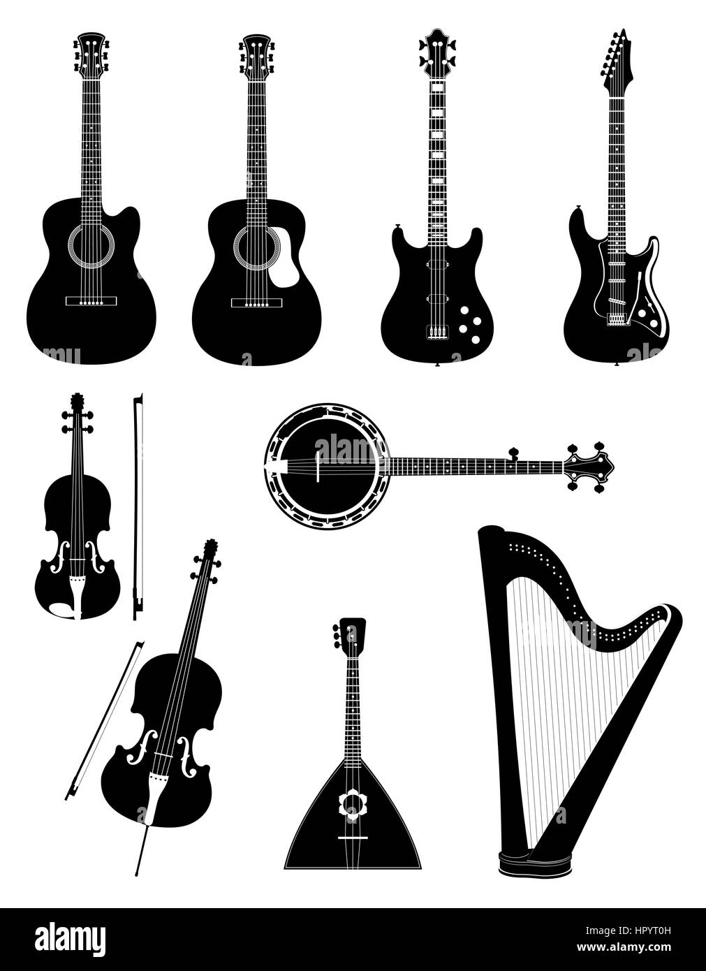 stringed musical instruments stock black outline silhouette vector ...