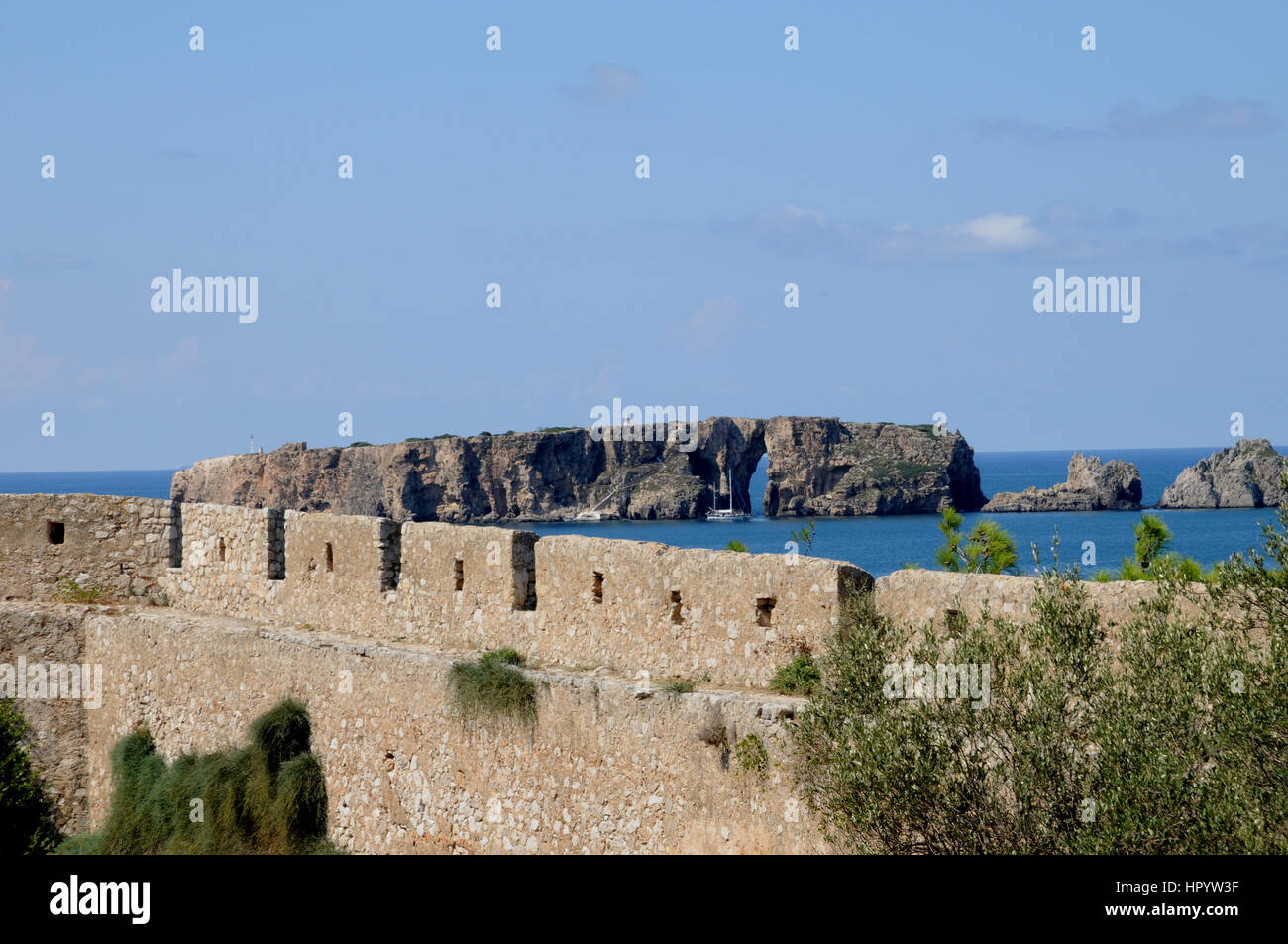 View from the Neokastro in the Greek coastal town of Pylos. The Bay of ...
