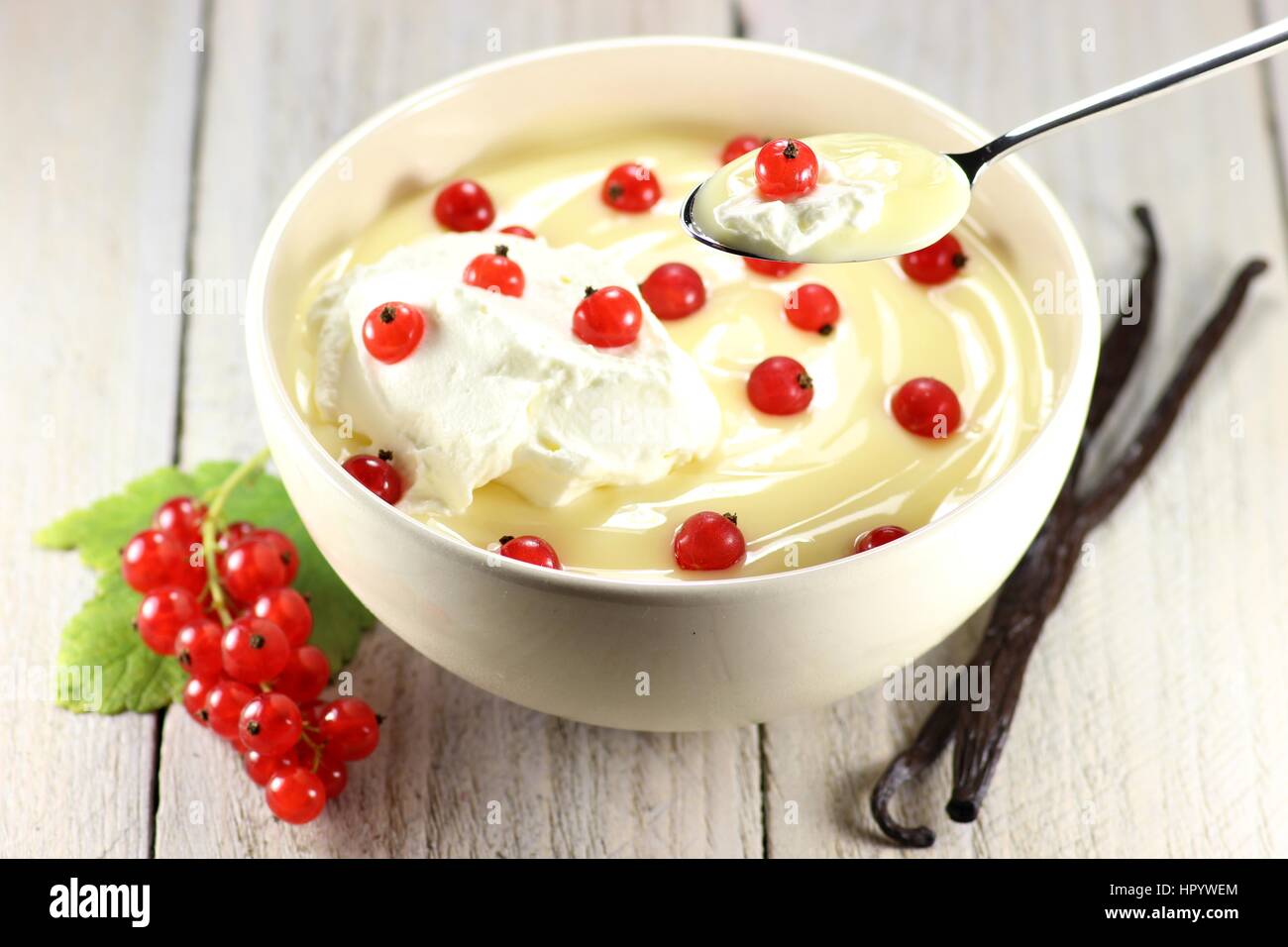 traditional Dutch custard served with red currants on wooden background ...