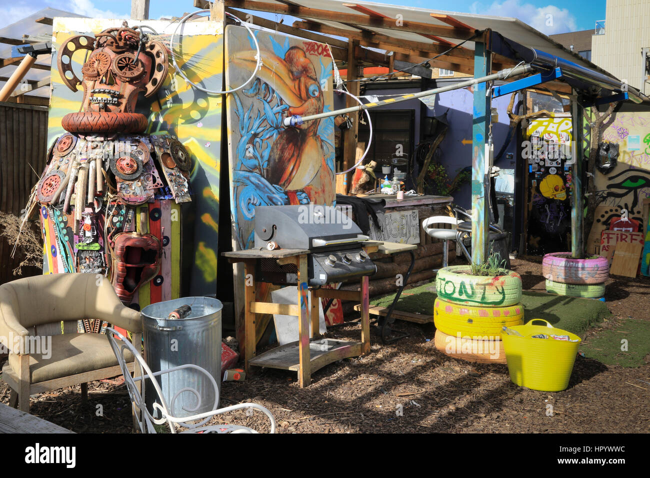 Discarded junk in the Nomadic Community Gardens in London's Shoreditch ...