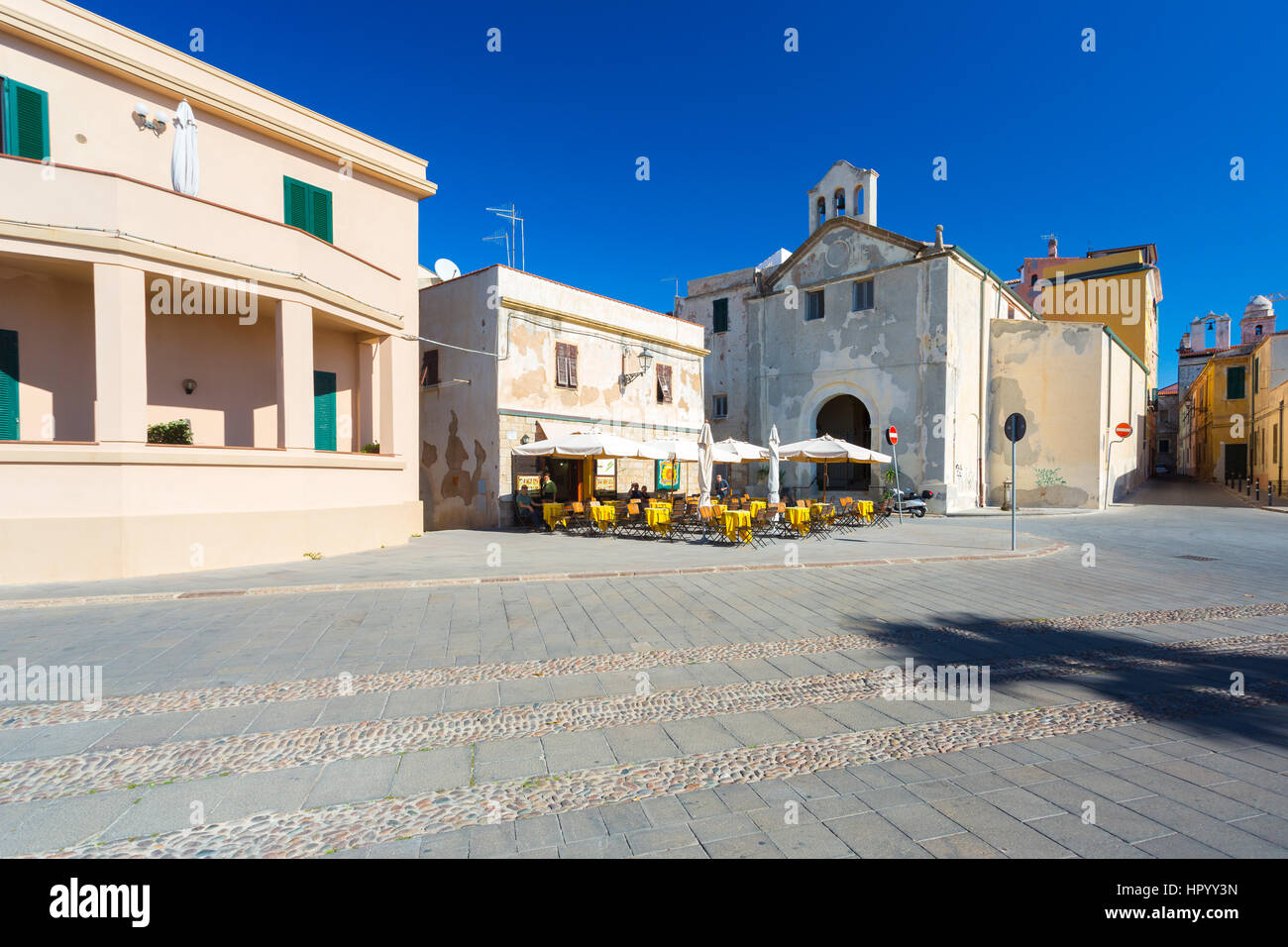View of Carmelo church along the city walls of Alghero, Sassari ...