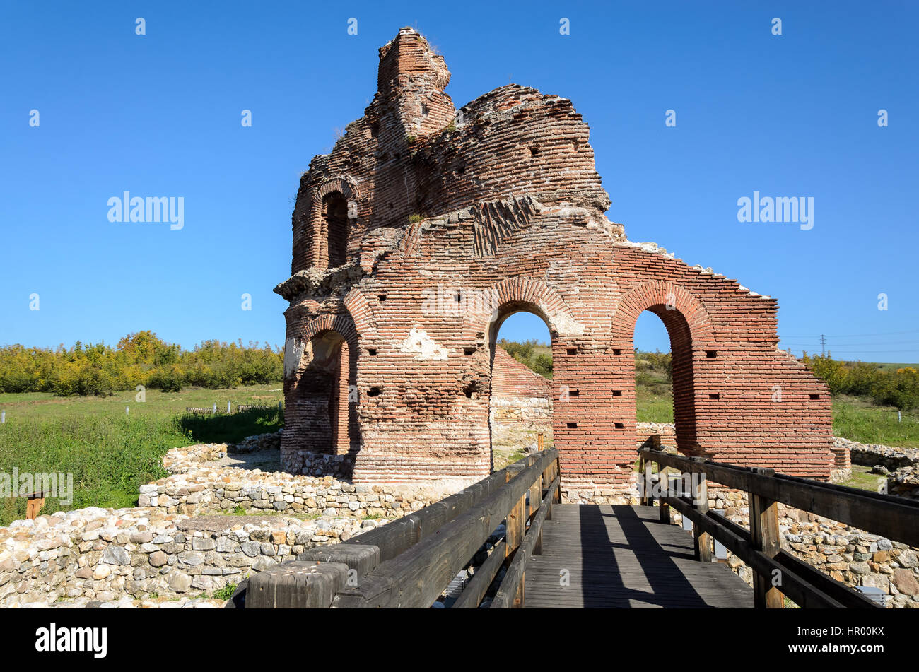 Entrance to archaeological remains of the Red Church near Perushtitsa ...