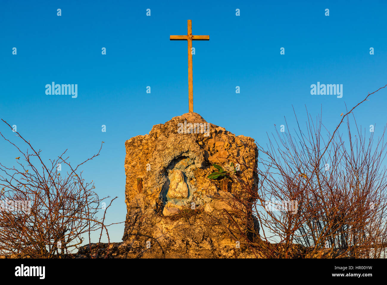 Votive shrine, small chapel in miniature with a small cross and the representation of Our Lady ...