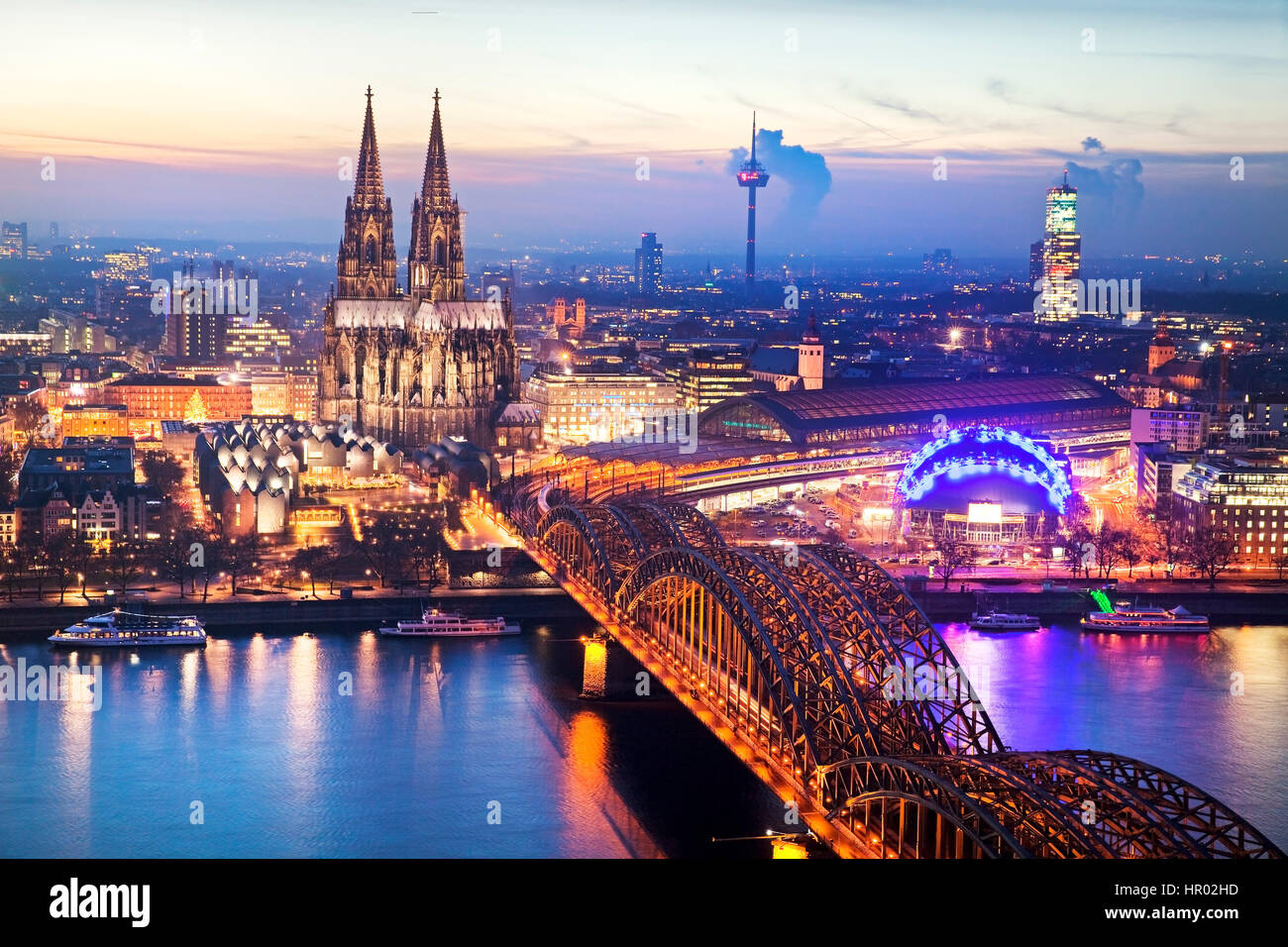 Cityscape with Cologne Cathedral, Hohenzollern Bridge and the Rhine at ...