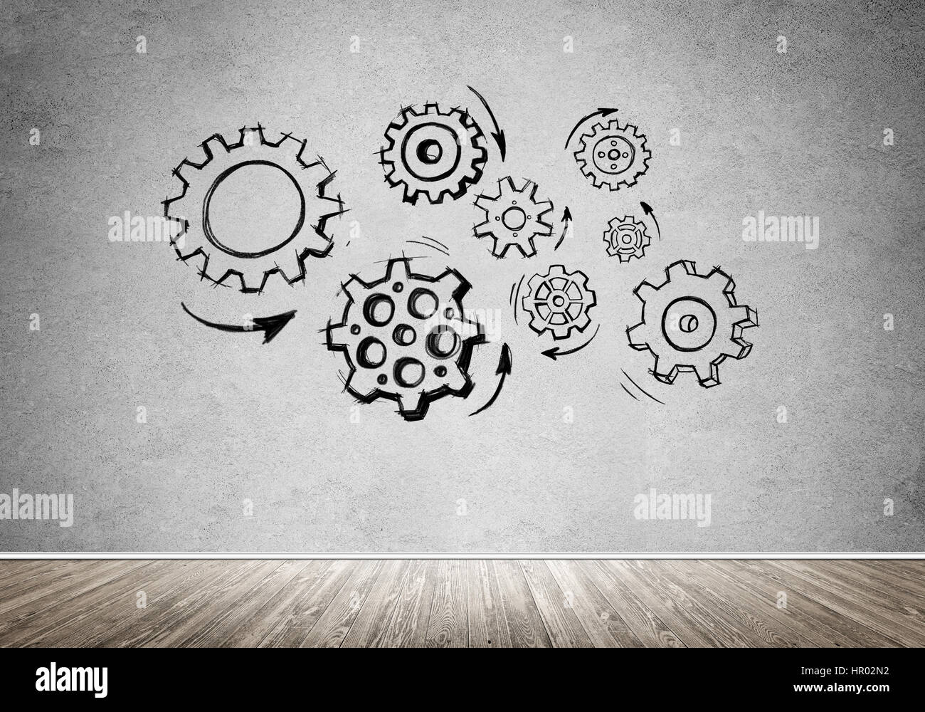 Gear hand drawn mechanism on gray wall Stock Photo - Alamy