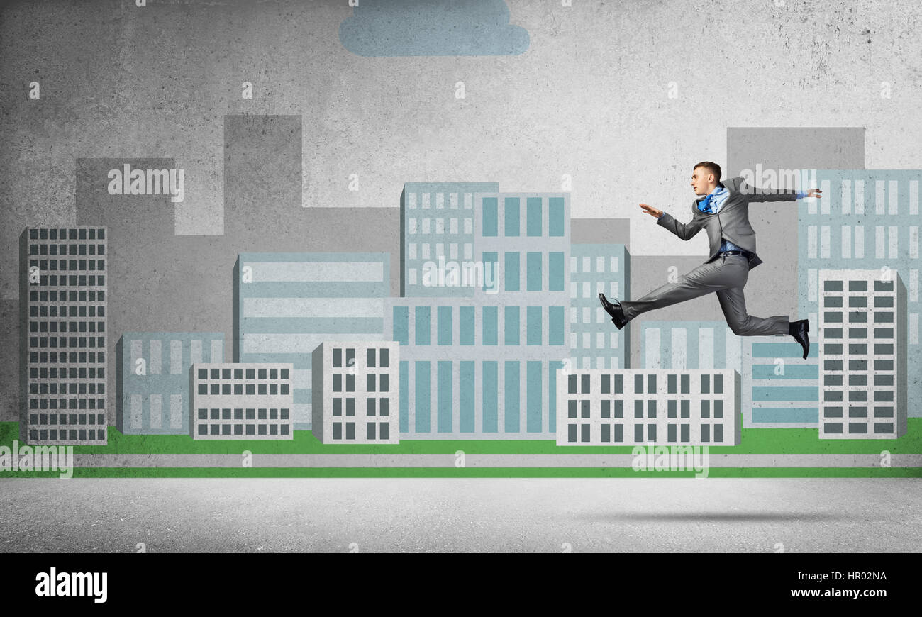 Cheerful businessman in a hurry against road turning into arrow Stock ...