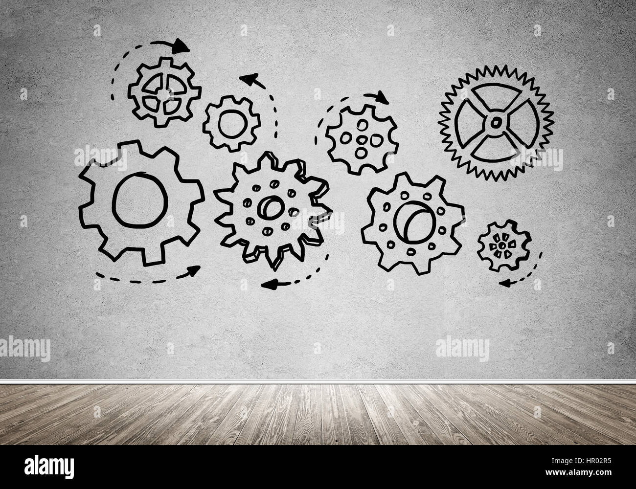 Gear hand drawn mechanism on gray wall Stock Photo - Alamy