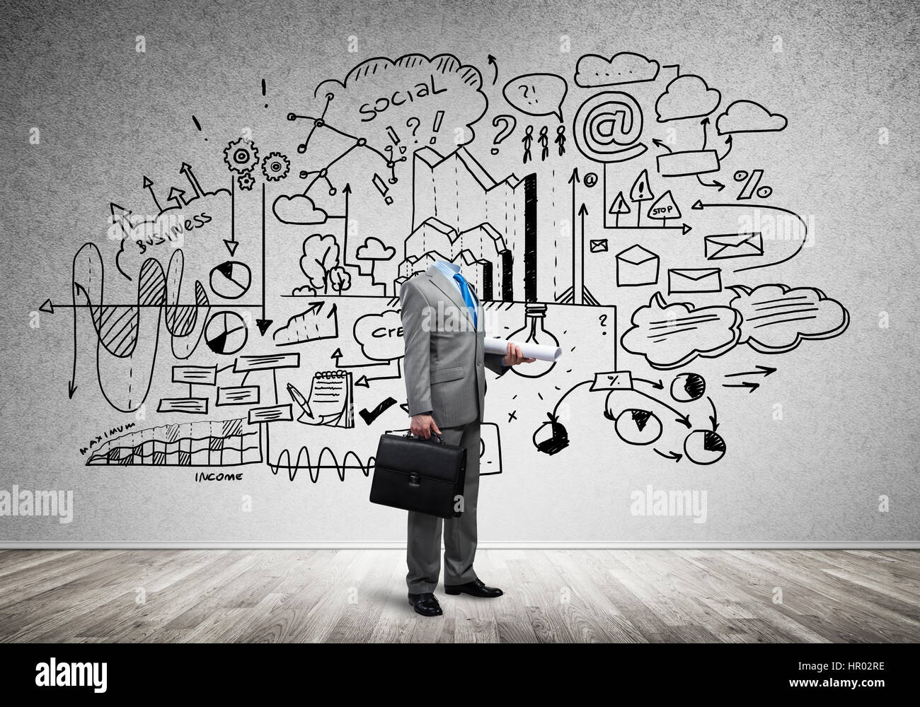 Headless engineer man with papers in hand against sketched background ...