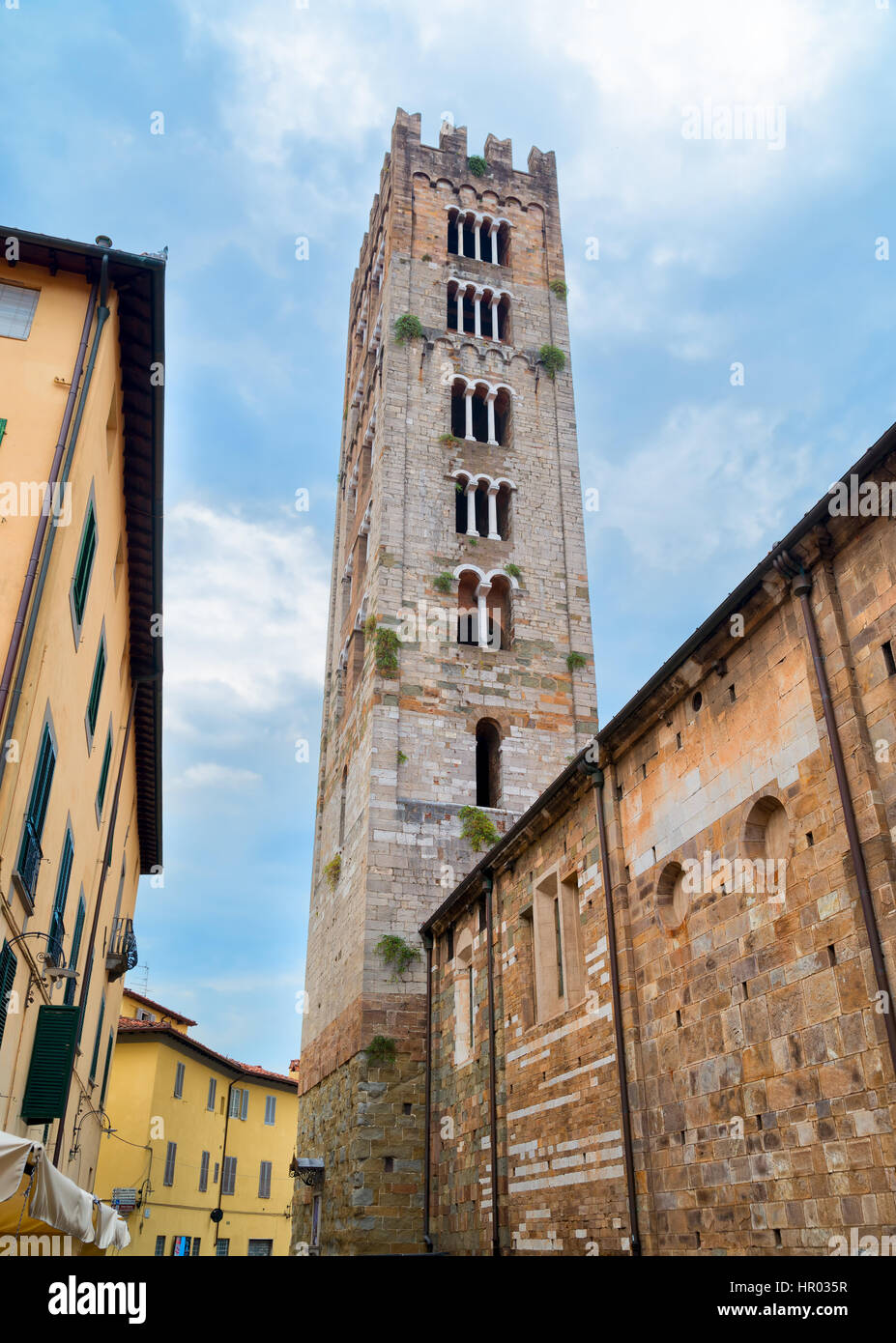 Lucca's historic center and medieval Tuscan cathedral bell tower Italy ...