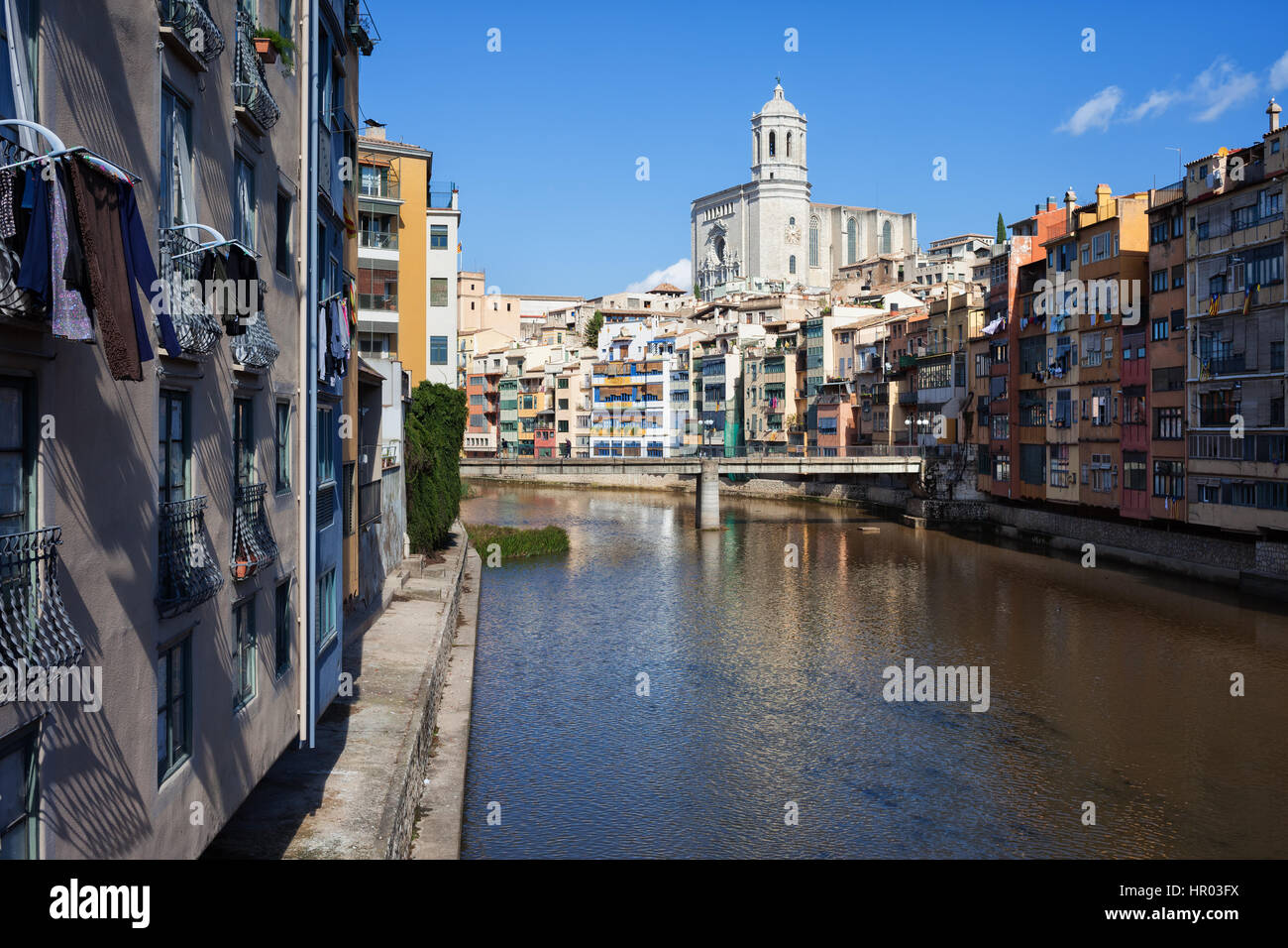 Old Town of Girona cityscape at River Onyar in Spain, historic city ...
