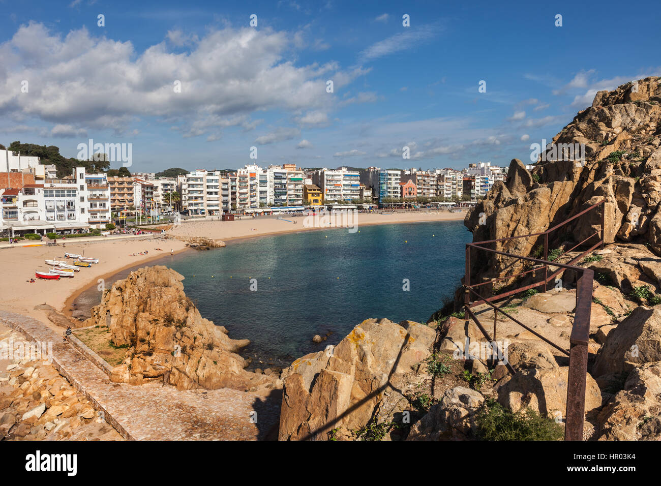 Spain, Costa Brava, Blanes town skyline and sea bay with beach from Sa ...