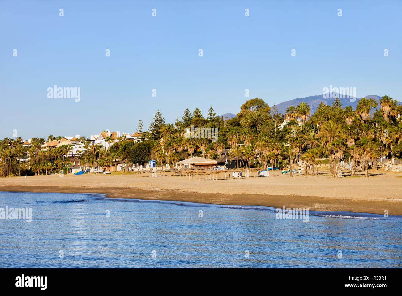 Beach in resort city of Marbella on Costa del Sol in Andalusia, Spain ...