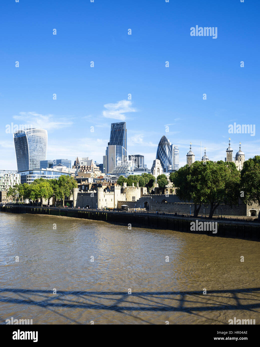 Tower of London and the financial district with Thames River on front ...