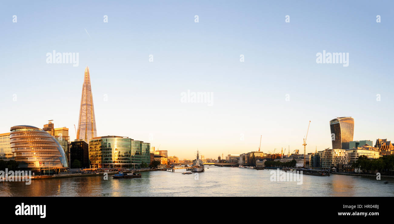UK, London, Panoramic view across River Thames with view of the Shard ...