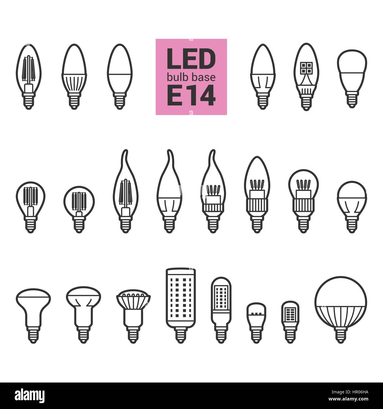 LED light bulbs with E14 base, vector outline icon set on white ...