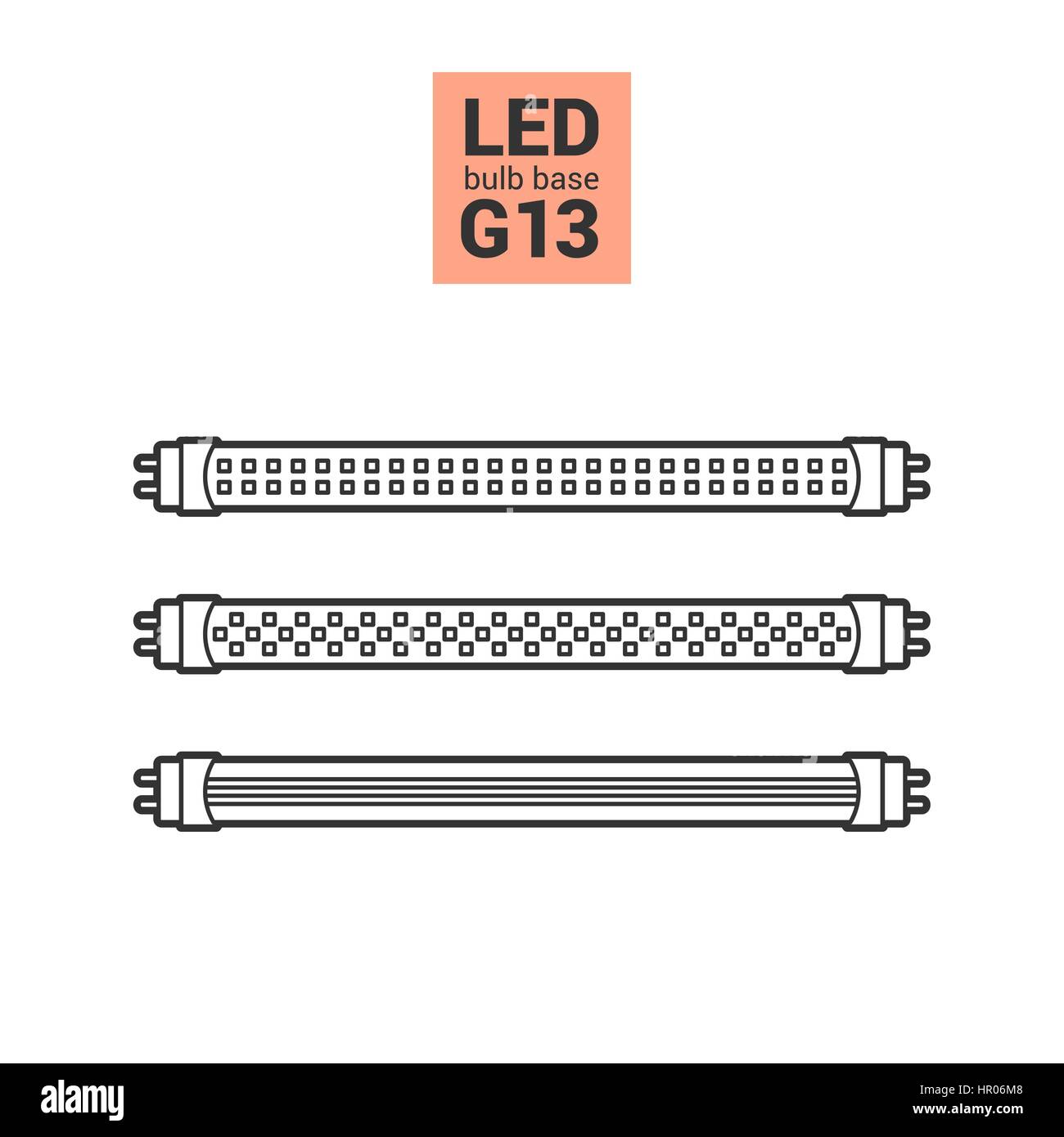 LED light bulbs with G13 base, vector outline icon set on white ...