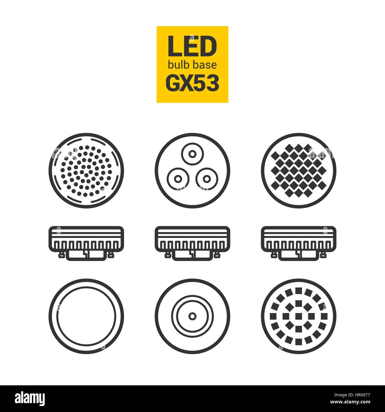 LED light bulbs with GX53 base, vector outline icon set on white ...