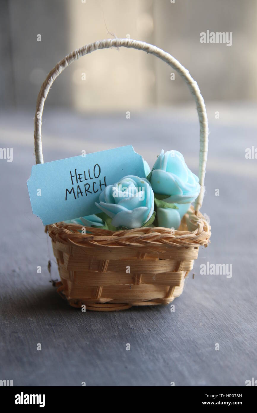 Hello March concept, Rustic still life, roses and tag, vintage stule ...