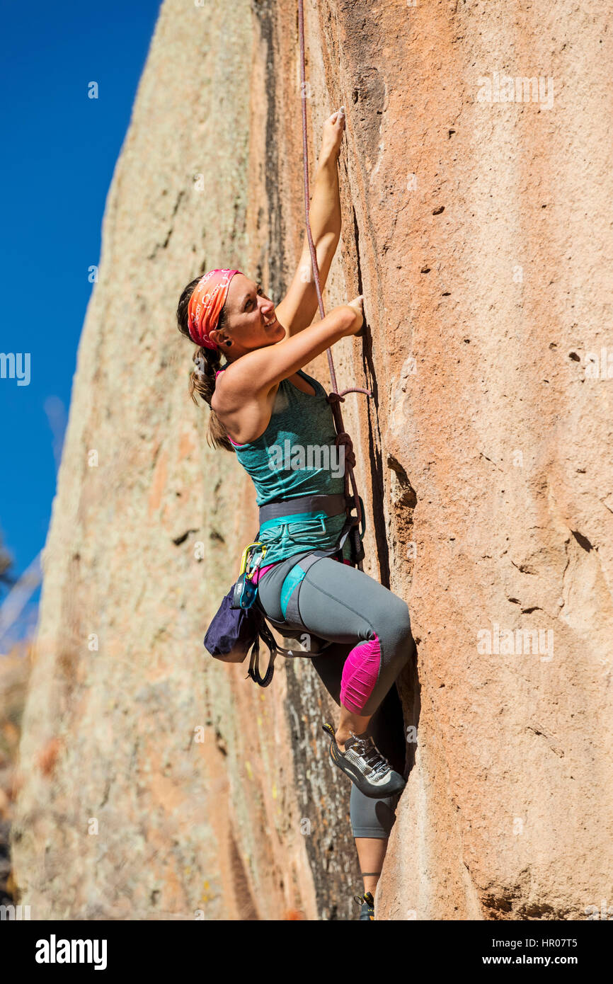 Young woman rock climbing; Penitente Canyon; Colorado; US Stock Photo ...