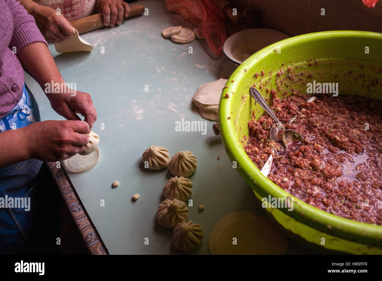 Khinkali preparation, Georgian meat dumplings, Georgia Stock Photo - Alamy