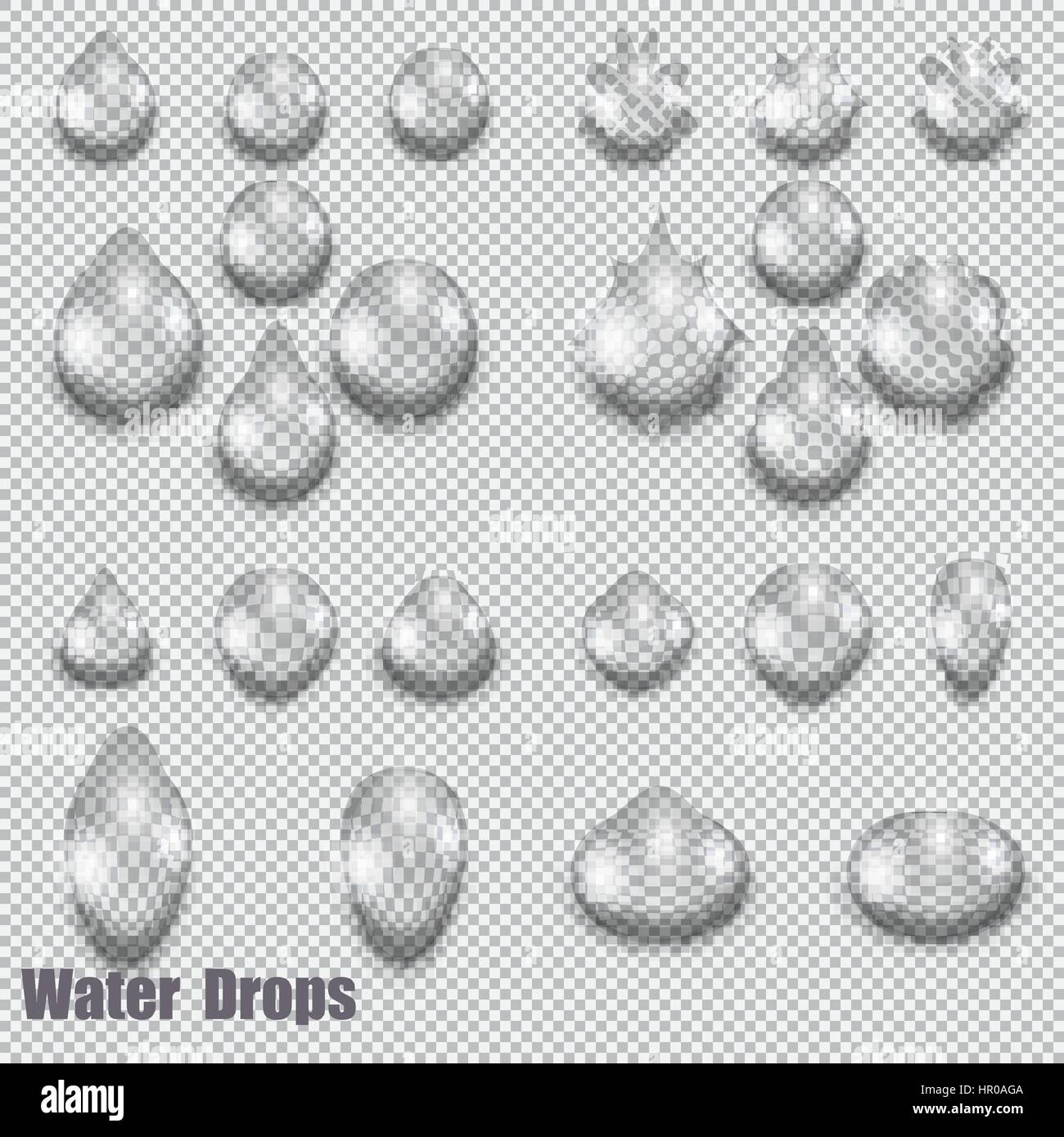 A set of transparent drops on a checkered background. Water. Drops of ...