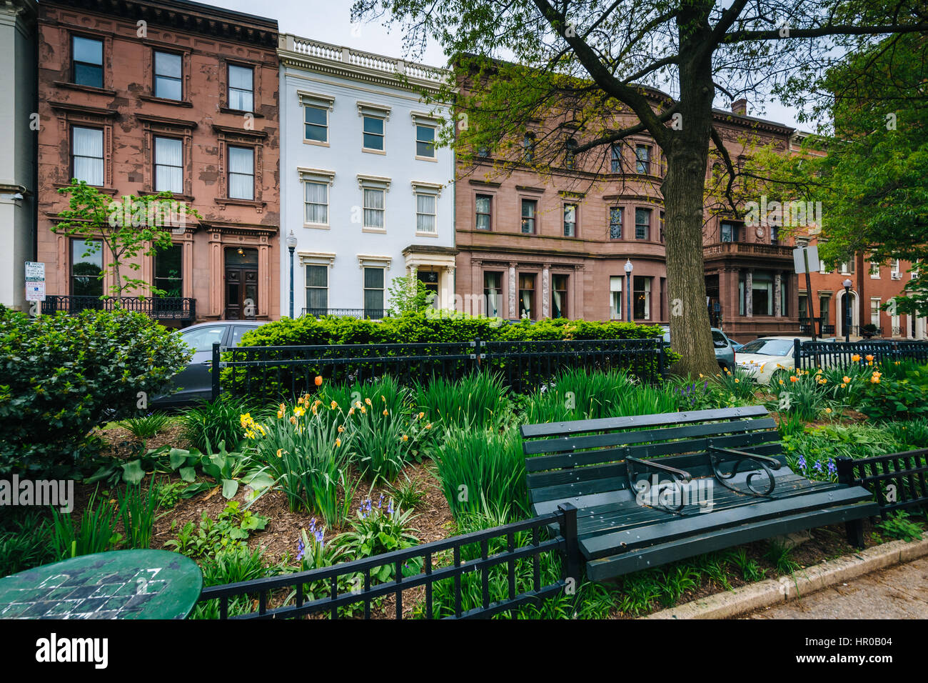 Benches, gardens and historic buildings on Mount Vernon, Baltimore ...