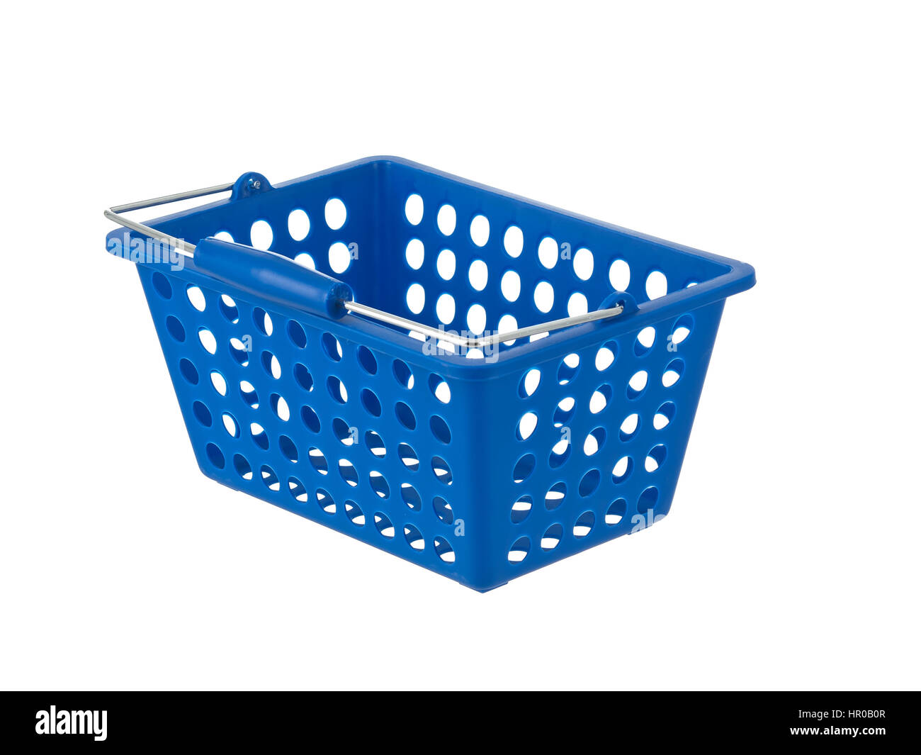 Blue plastic basket side view handle down on pure white background ...