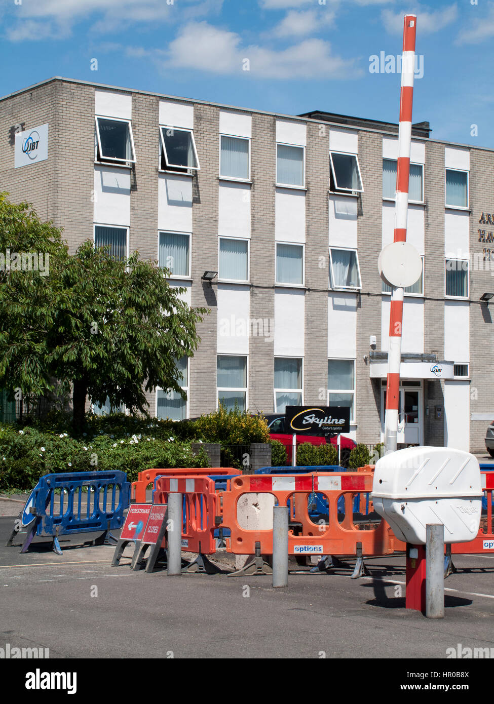Road works with safety barriers blocking pedestrian footpath Stock ...
