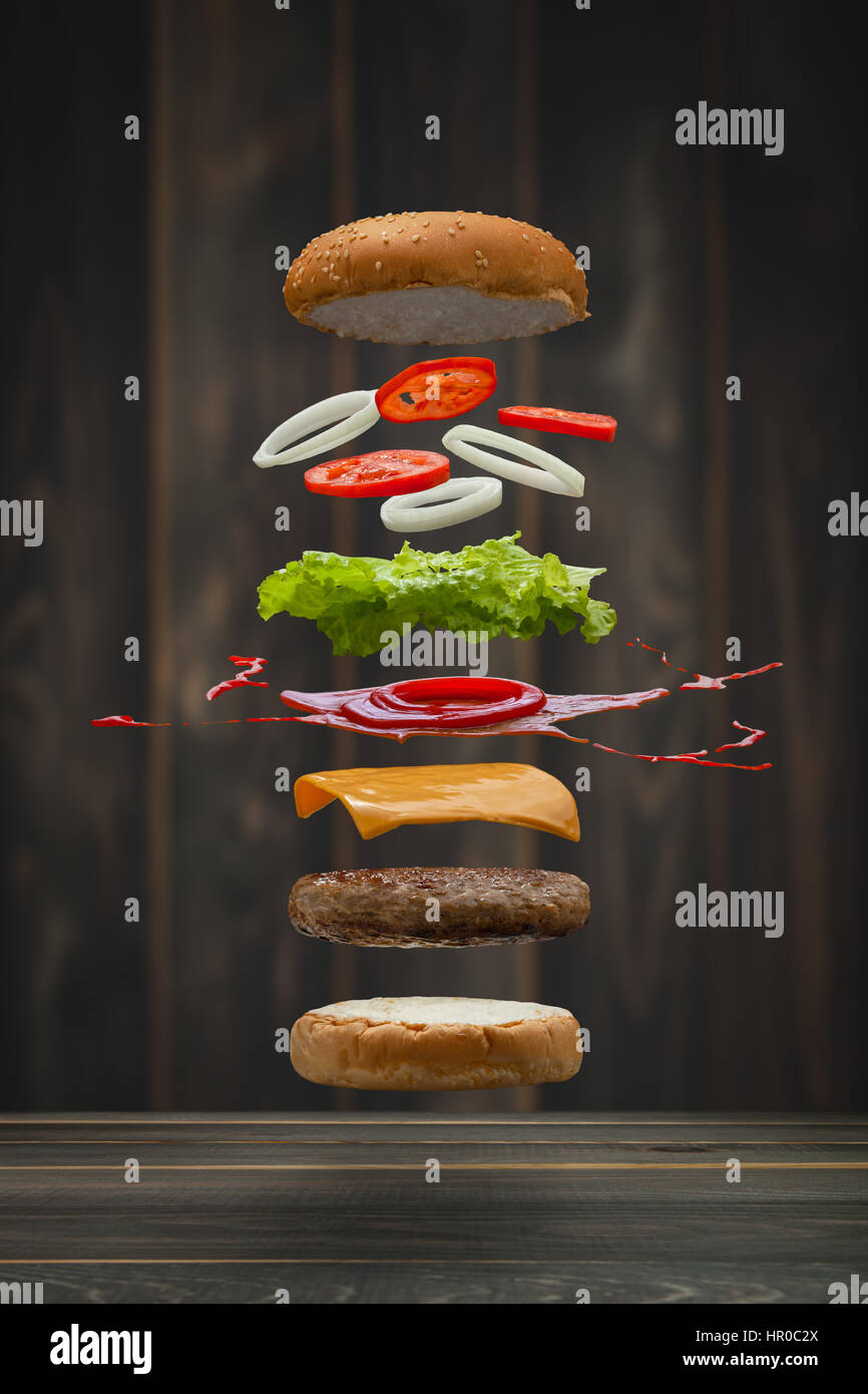Tasty grilled beef Burger food Floating, food flying style Stock Photo ...