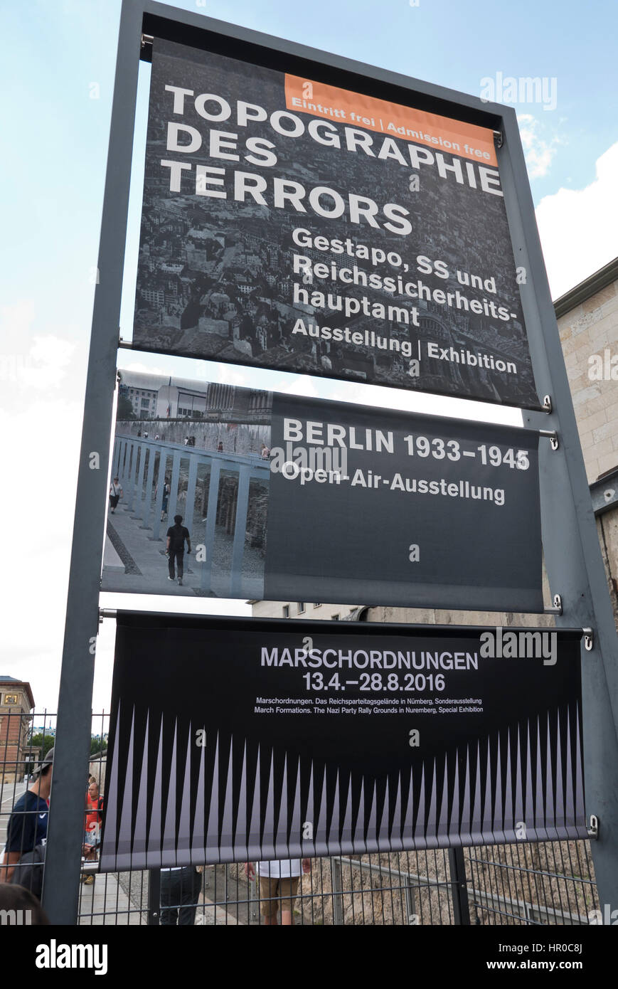 A board with 'Topographie Des Terros' (Topography of Terror) in Berlin ...