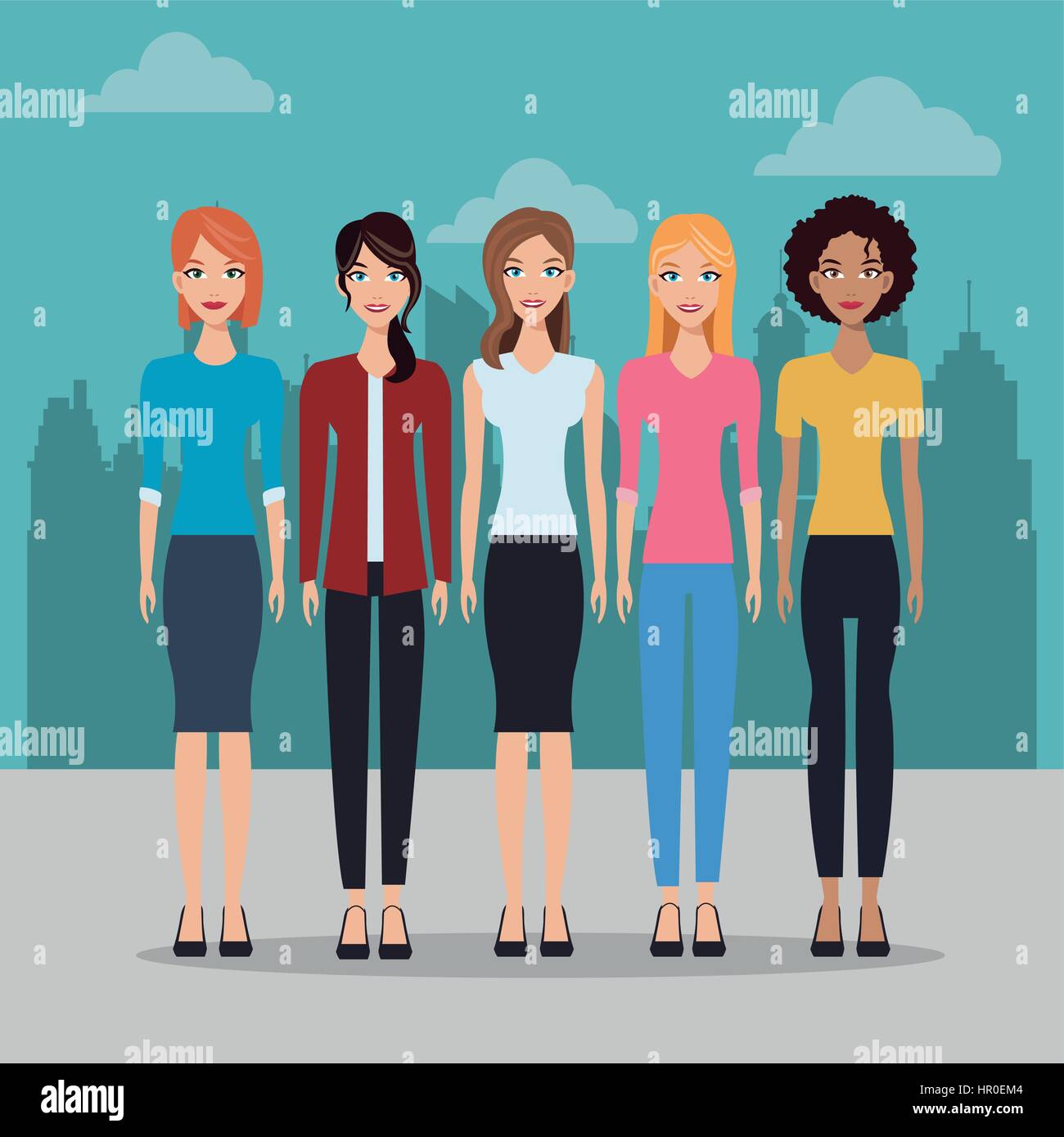 female group fashion different city building background Stock Vector ...