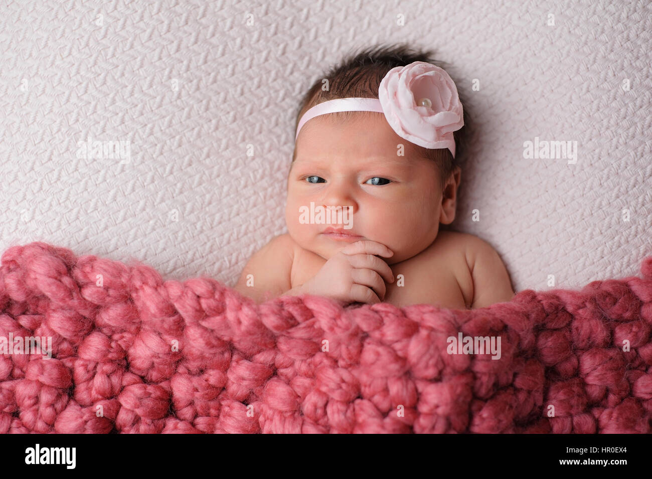 Studio portrait of an alert, nine day old, newborn baby girl. She has ...