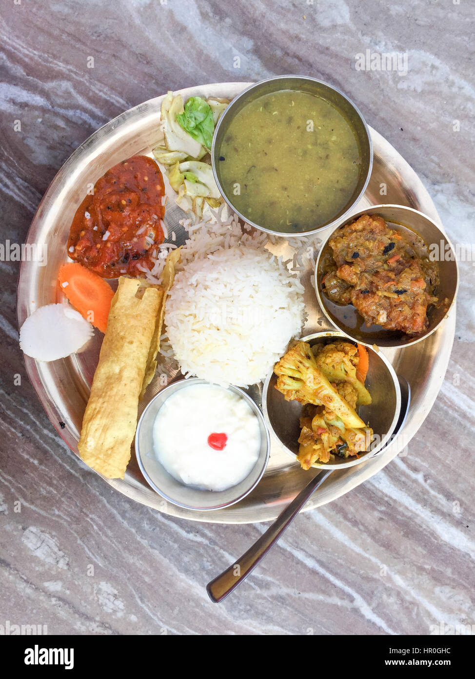 Selective focus of Traditional Nepalese food - Fish Thali or Thakali ...