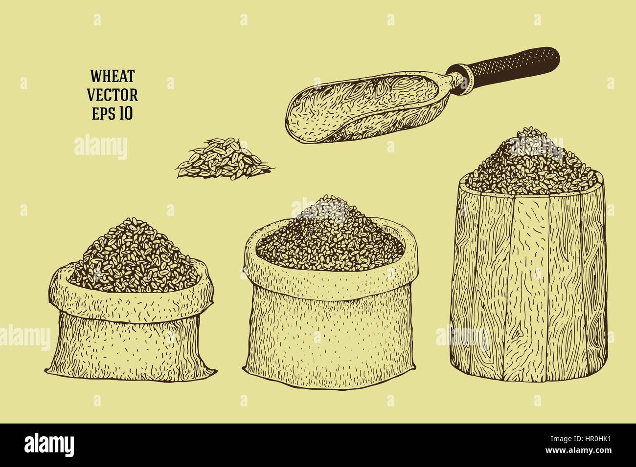 Hand drawn vector illustrations with wheat grains in sacks and barrels ...