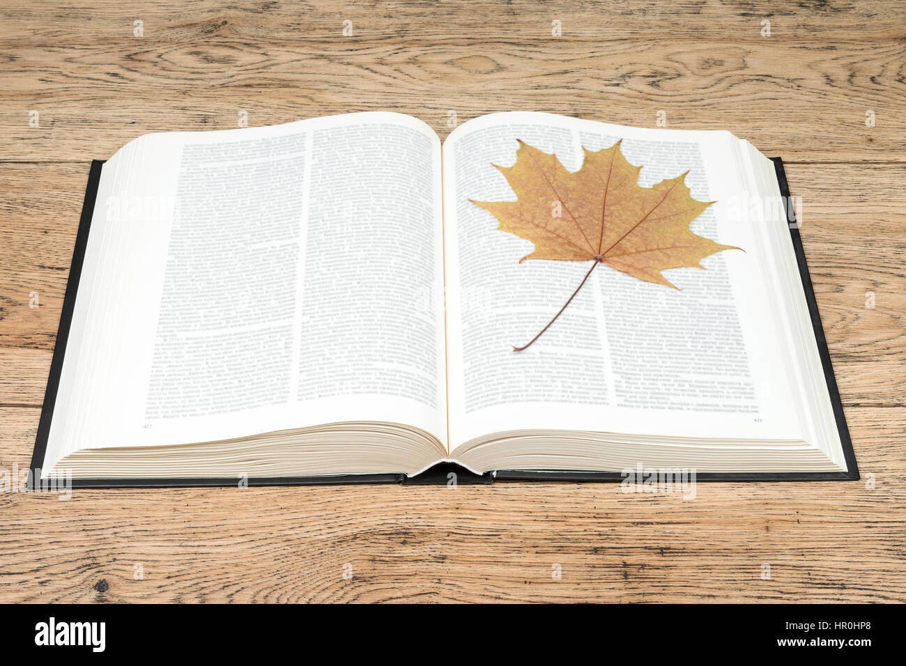 Large open in the middle of a book with blurred text with a maple leaf ...