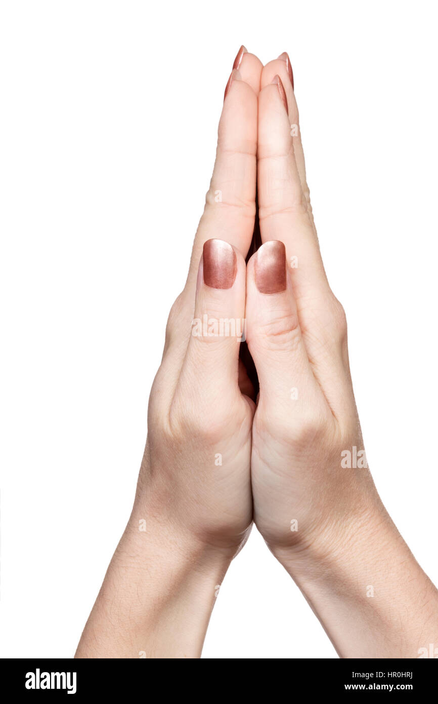 Gesture by two female hands indicating the greeting or harmony isolated ...