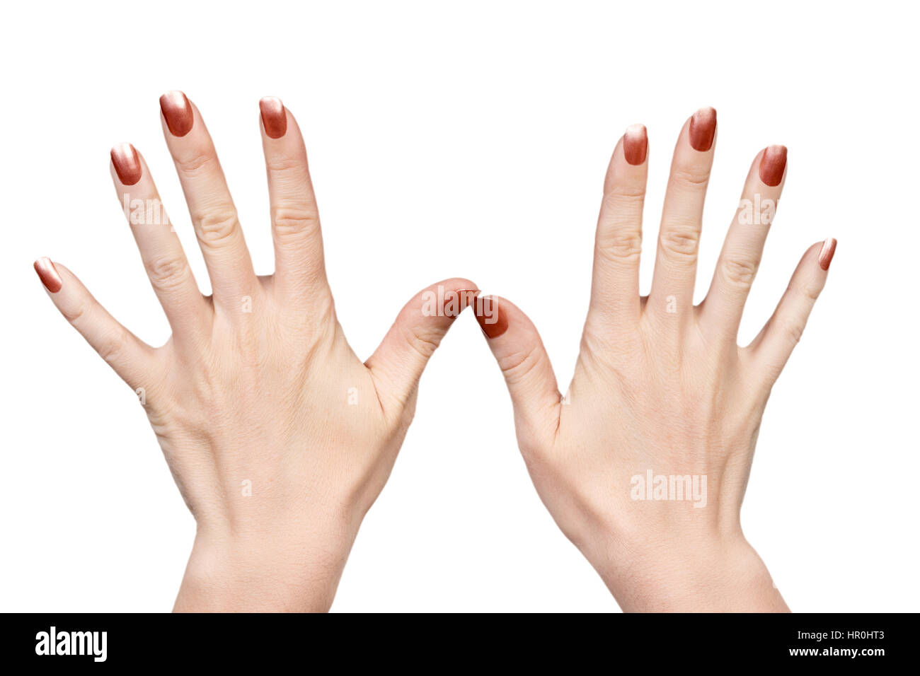 Gesture two closed female palm isolated on white background Stock Photo ...