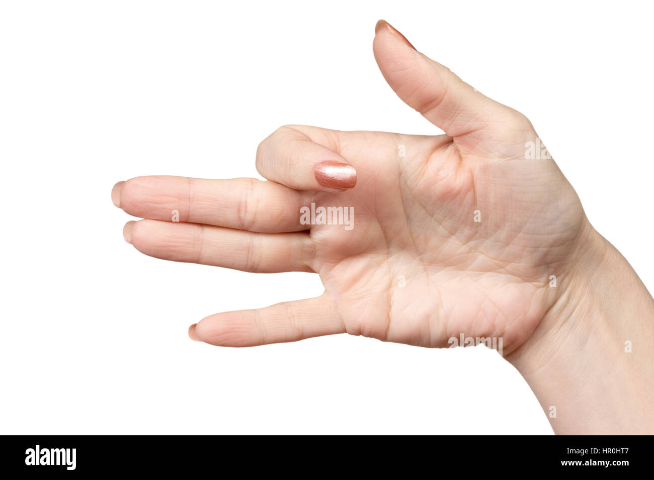 Gesture female hand indicating dog face isolated on white background ...