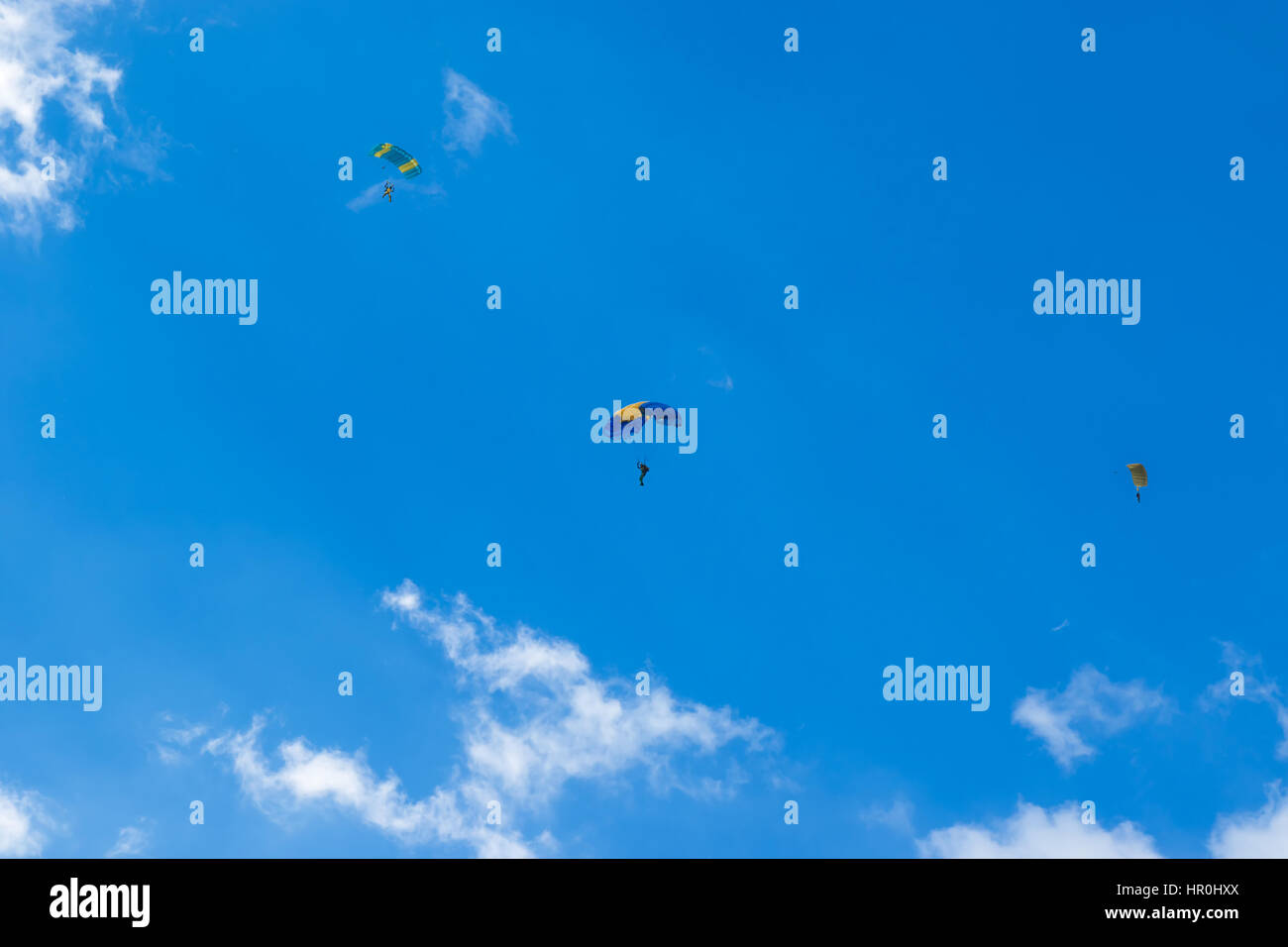 Three skydivers with open parachutes floating in the blue sky with ...