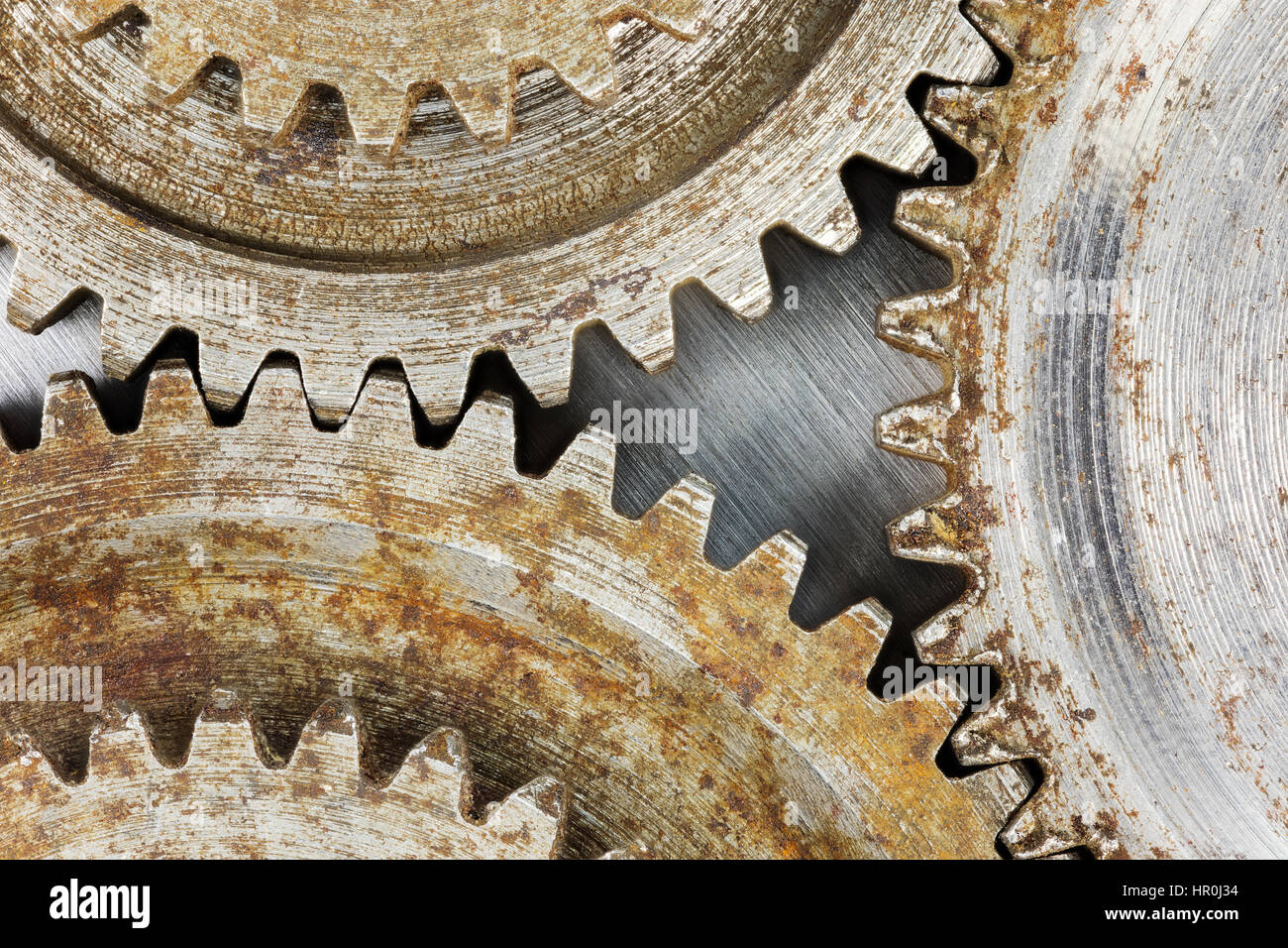 highly detailed view of old metal rusty cogwheels on industrial ...