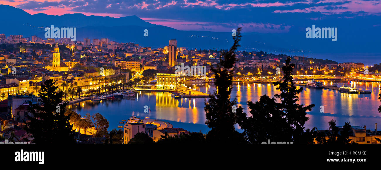 City of Split aerial panoramic view at dawn, waterfront and Diocletian ...